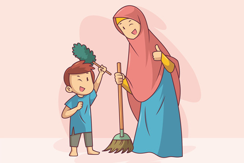 دانلود وکتور Eps مادر با حجاب اسلامی درحال بغل کردن کودک نوزاد ویژه روز